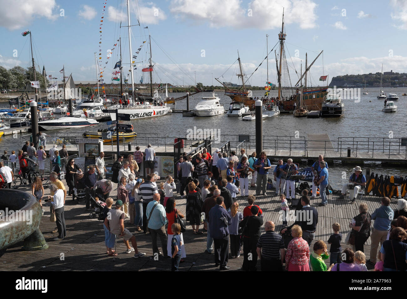 Crowd of people, Cardiff bay summer festival, Wales UK, Mermaid quay ...