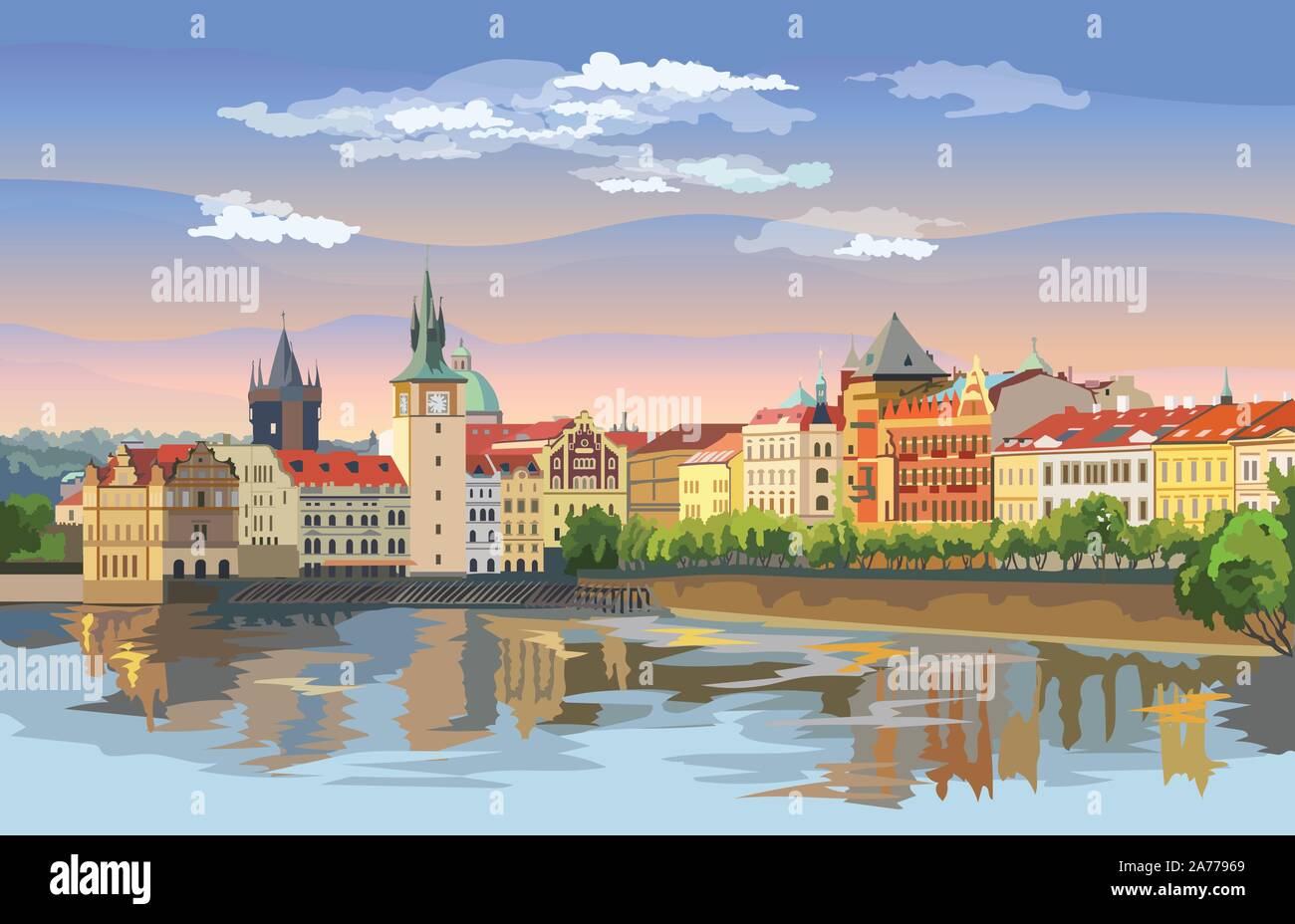 Colorful vector illustration of Prague old city panorama with river ...