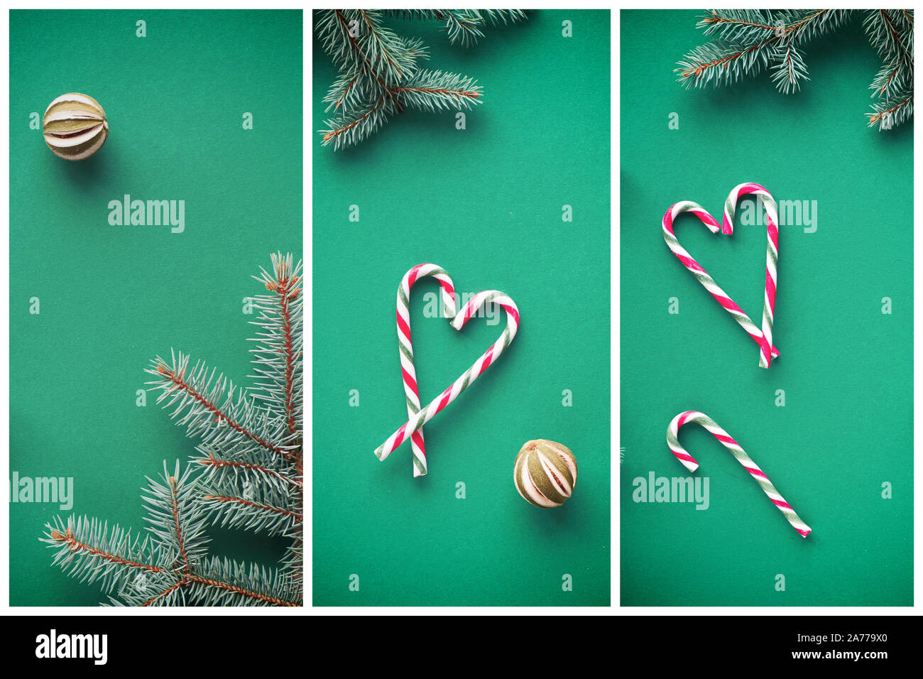 Creative Christmas collage of flat lay images with fir twigs, candy canes arranged as hearts and ...
