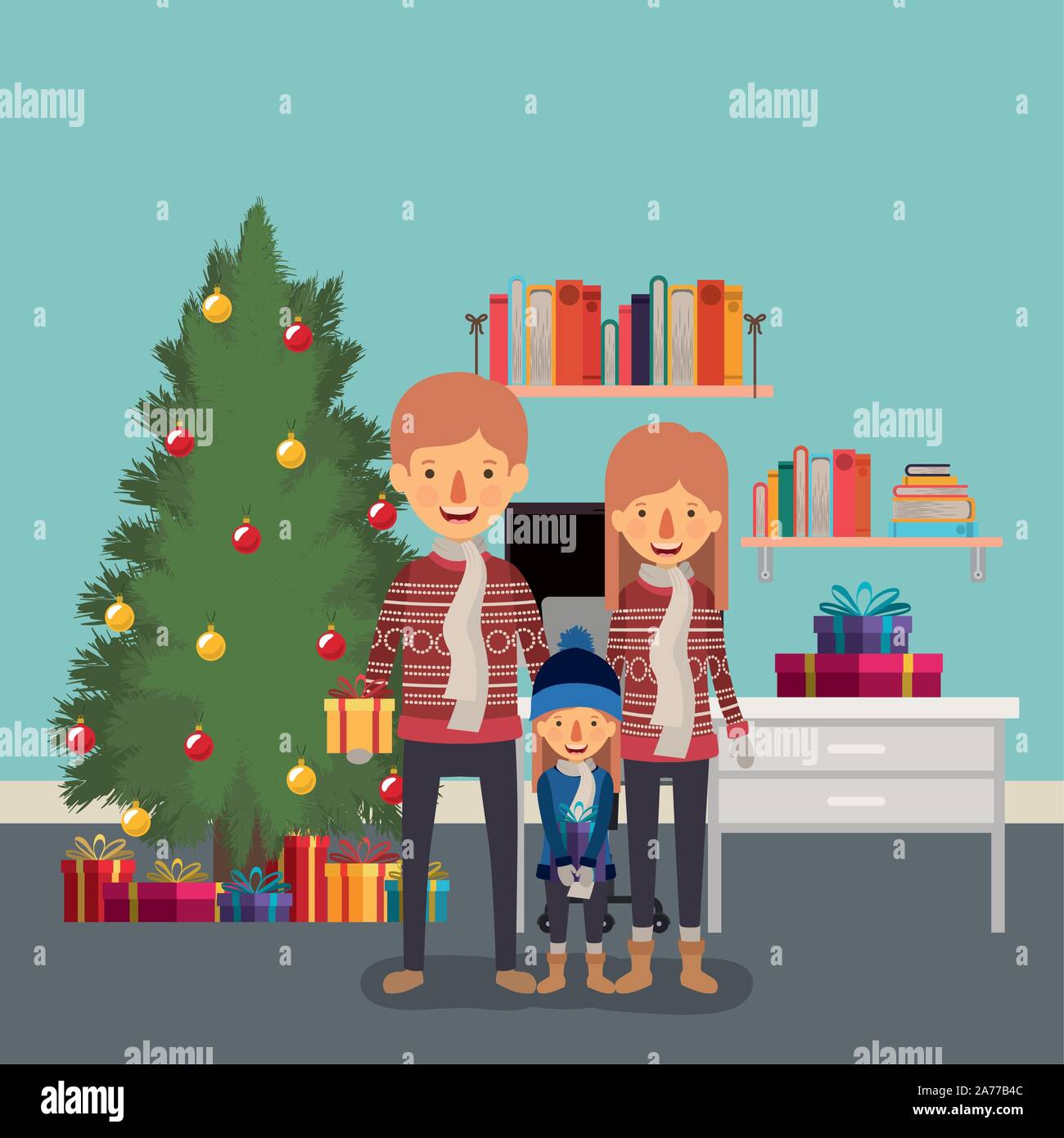 family members celebrating christmas with pine tree in the house Stock ...