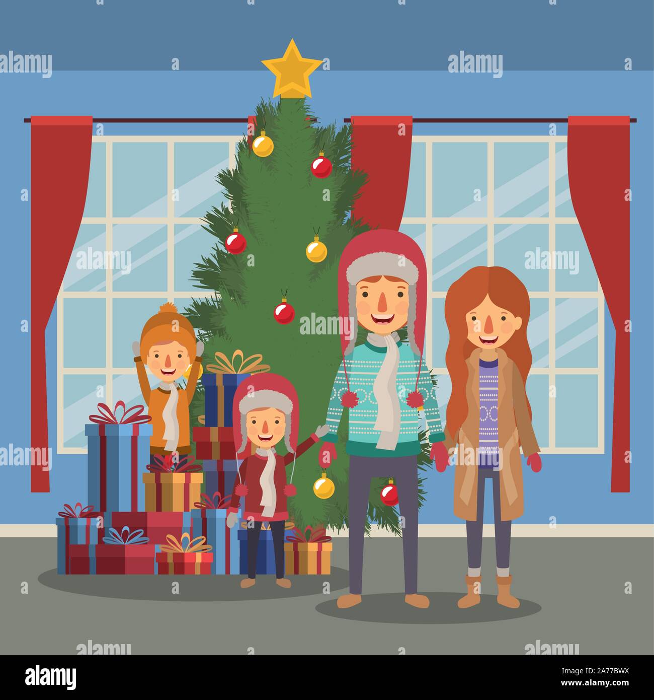 family members celebrating christmas with pine tree in the house Stock ...