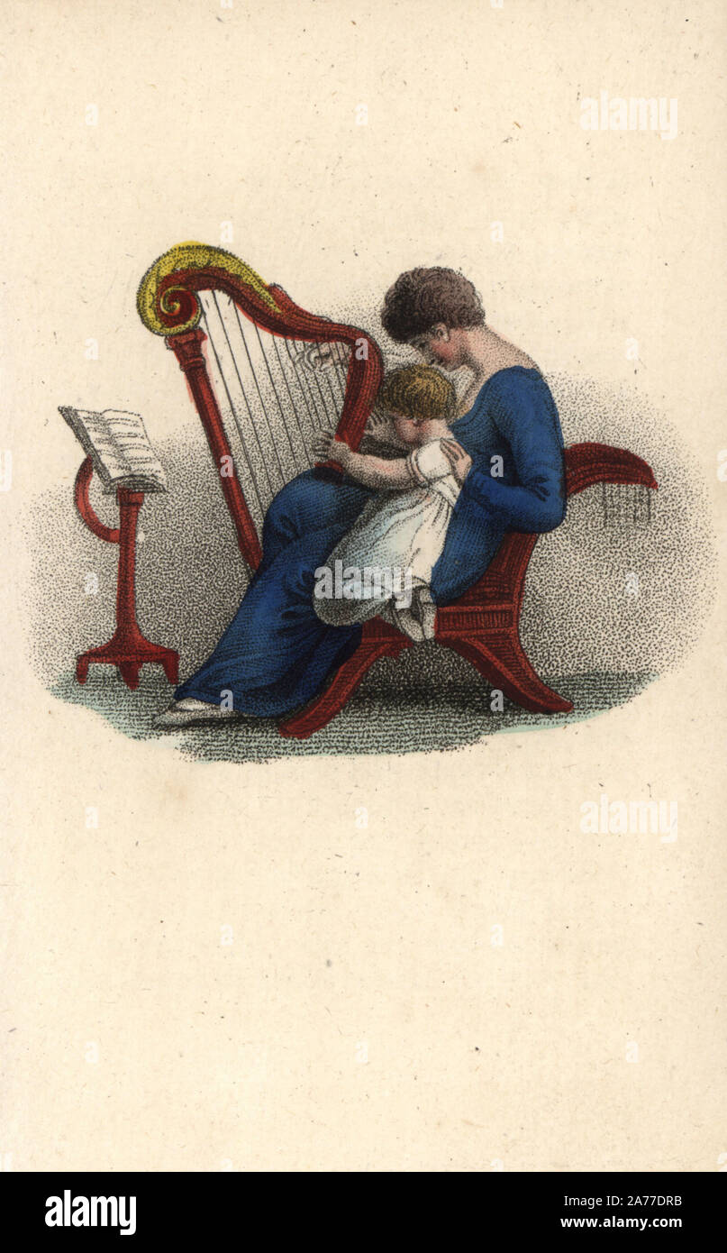 Mother teaching her child to play the harp in a music lesson ...