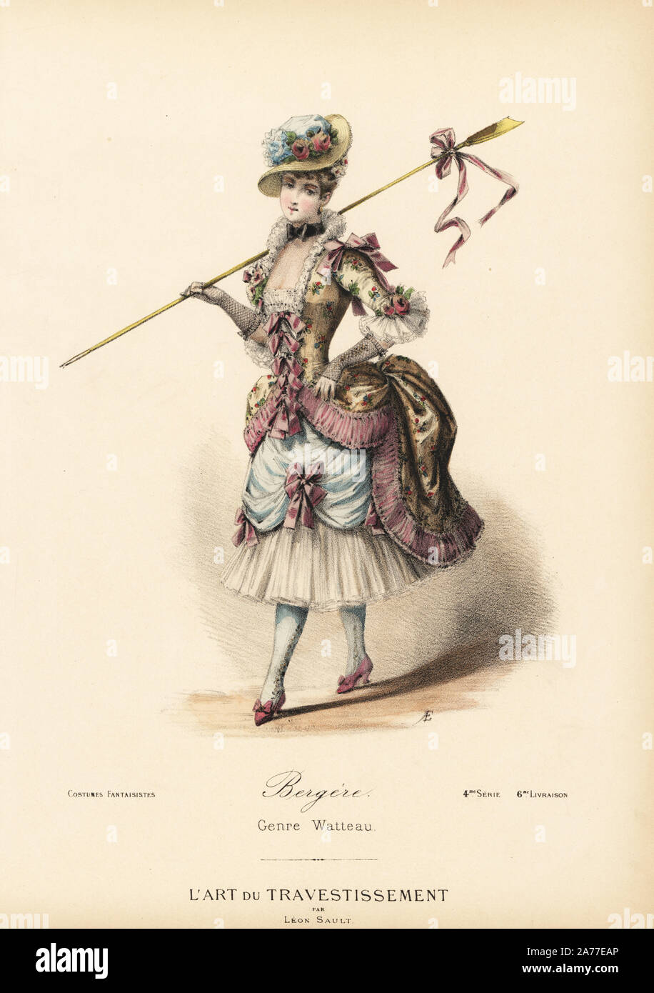 Fancy dress costume of a shepherdess in the Watteau style. Straw hat ...