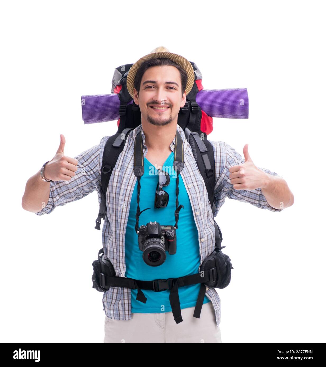 The backpacker with camera isolated on white background Stock Photo - Alamy