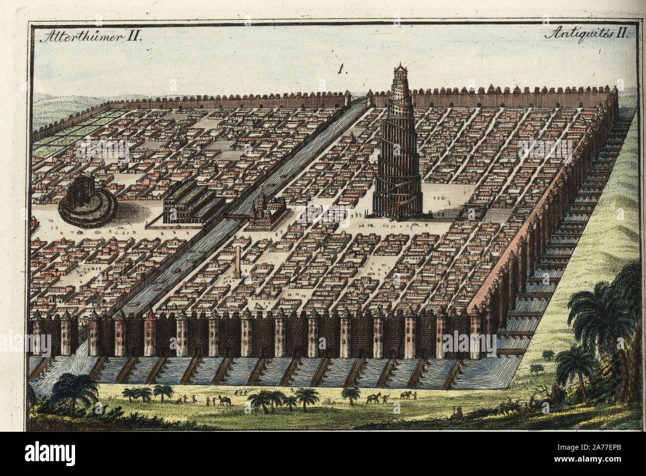 The city walls of Babylon surrounding the hanging gardens and the tower ...