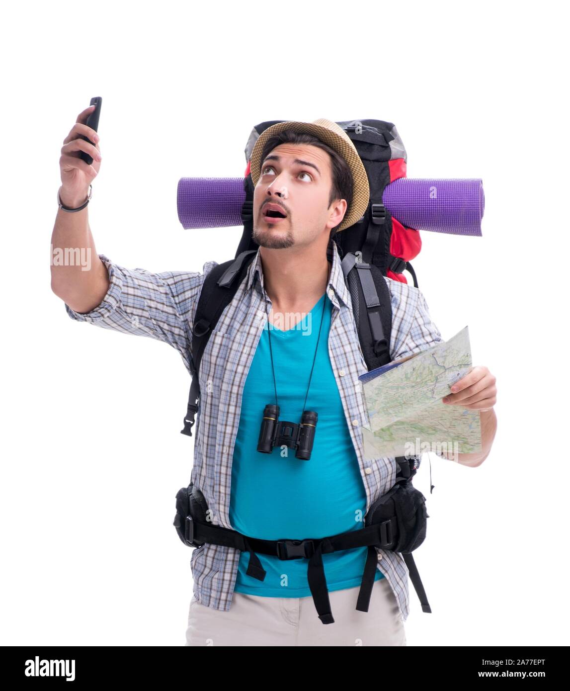 The man lost and looking for direction with map on white Stock Photo ...
