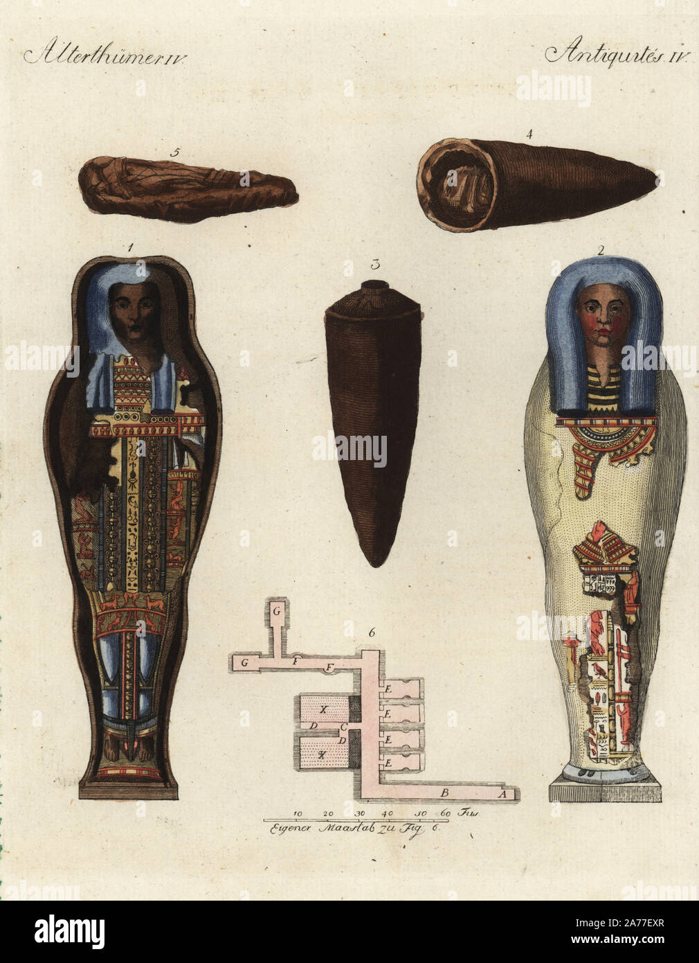 Egyptian mummies: mummy in coffin 1, coffin cover 2, bird urn 3, bird ...