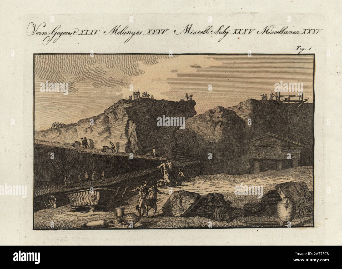 Excavation of the buried city of Herculaneum in the 18th century, and ...