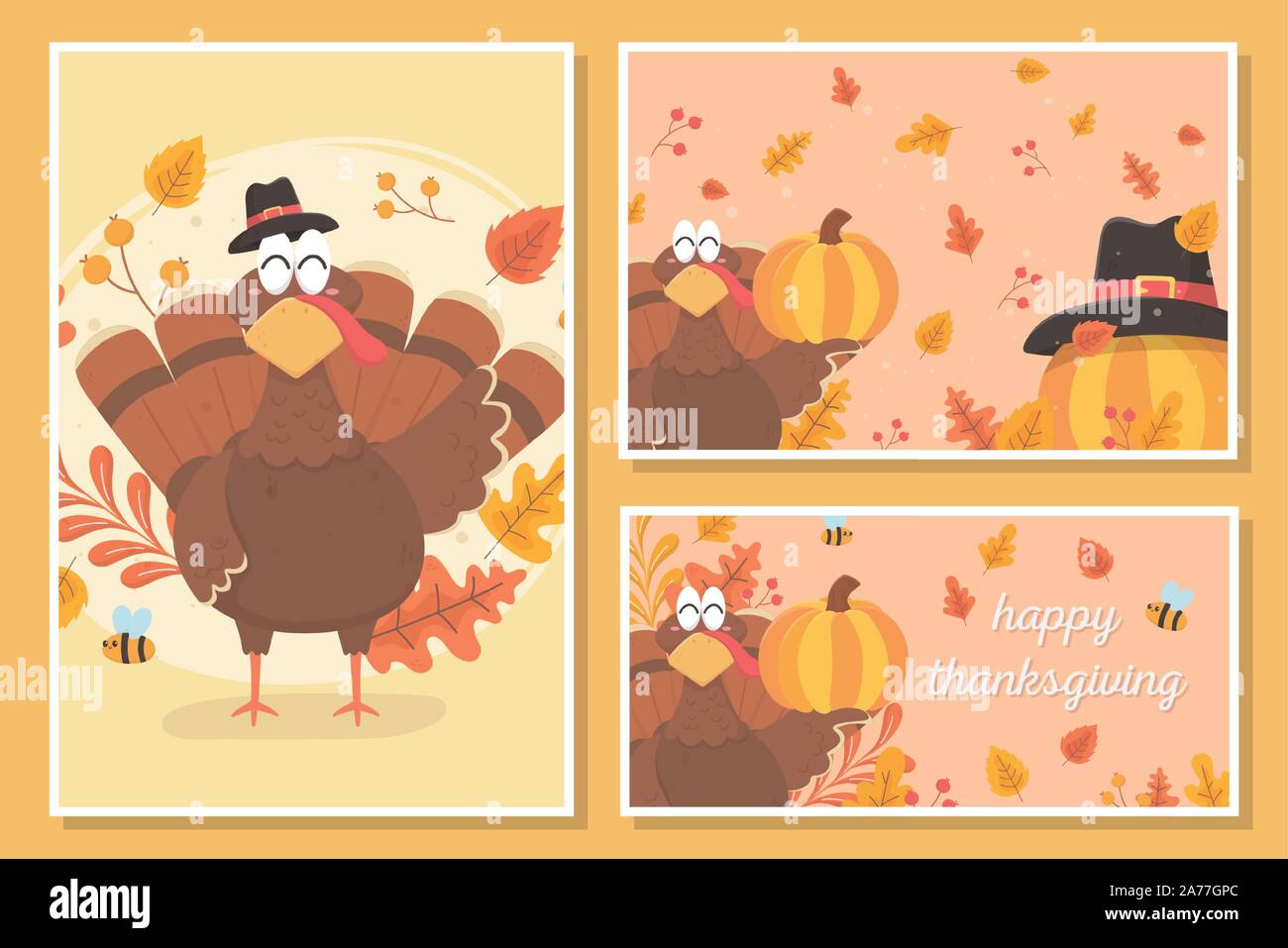 happy thanksgiving turkey with pilgrim hat leaves pumpkin celebration ...