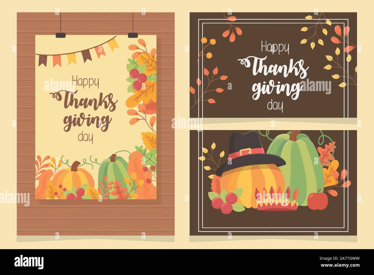 happy thanksgiving posters set dinner fall leaves vector illustration ...