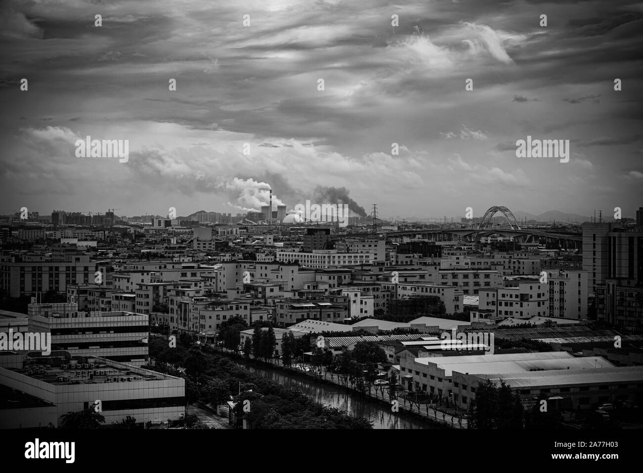 factory funnels with thick and black smoke Stock Photo - Alamy
