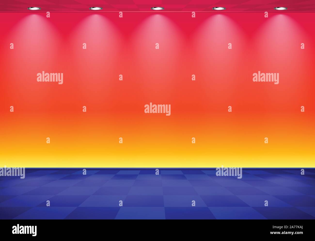 80s styled vapor wave room with blue and red wall over checked floor ...