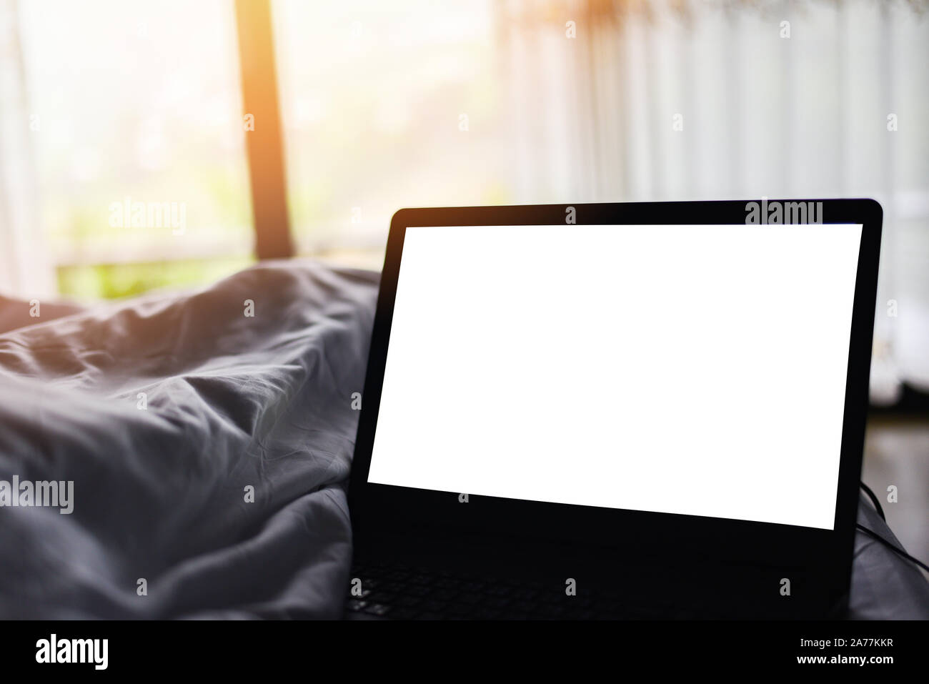 relaxing in the hotel room and working labtop on the bed and nature ...