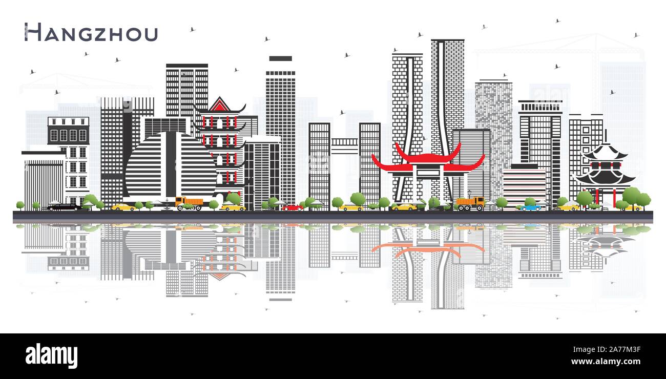 Hangzhou China City Skyline with Gray Buildings and Reflections ...