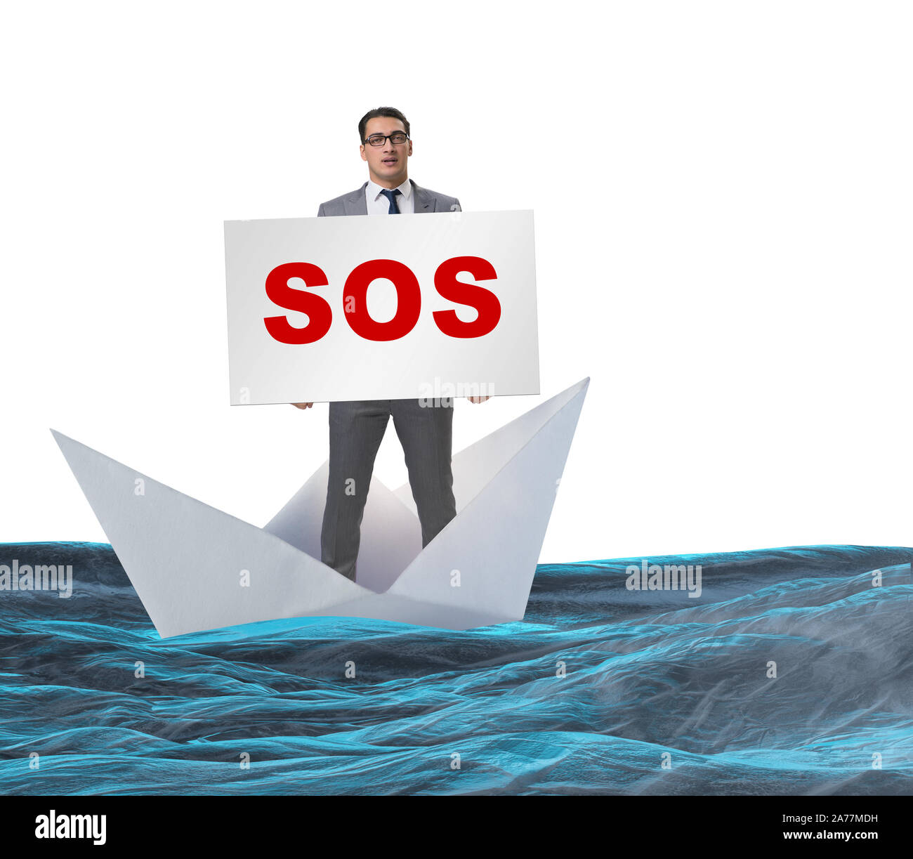 The businessman asking for help with sos message on boat Stock Photo ...