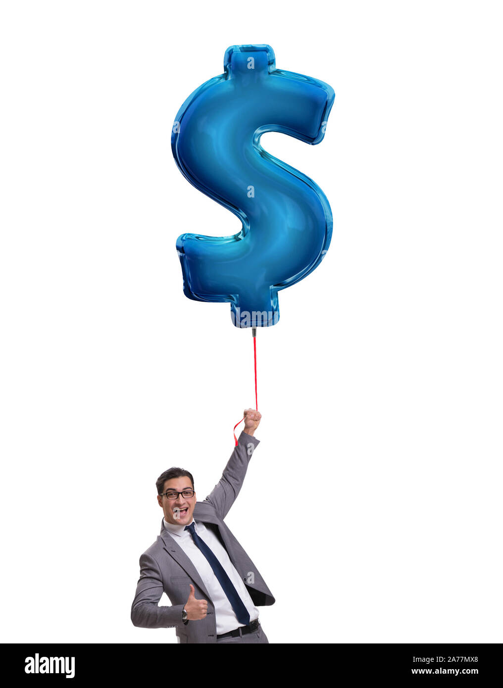 The businessman flying on dollar sign inflatable balloon Stock Photo ...