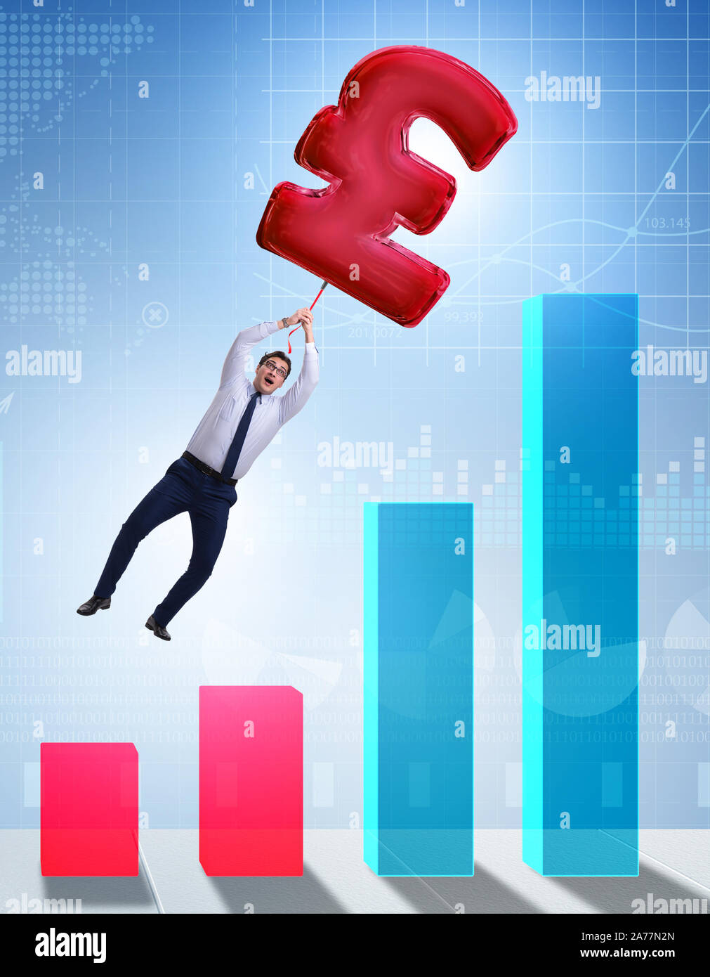 Businessman flying on british pound sign inflatable balloon Stock Photo ...
