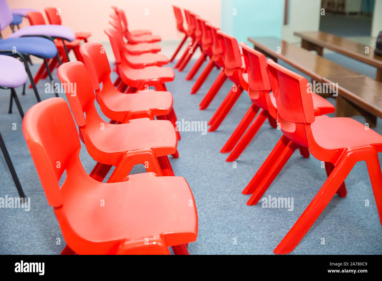 kindergarten class with the red kids chairs . Red chairs in Montessori ...