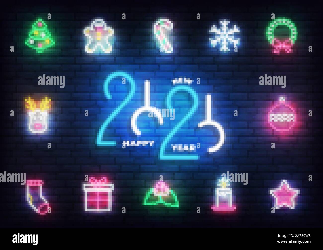 Christmas and New Year neon icons. Set of glowing neon icons design for ...