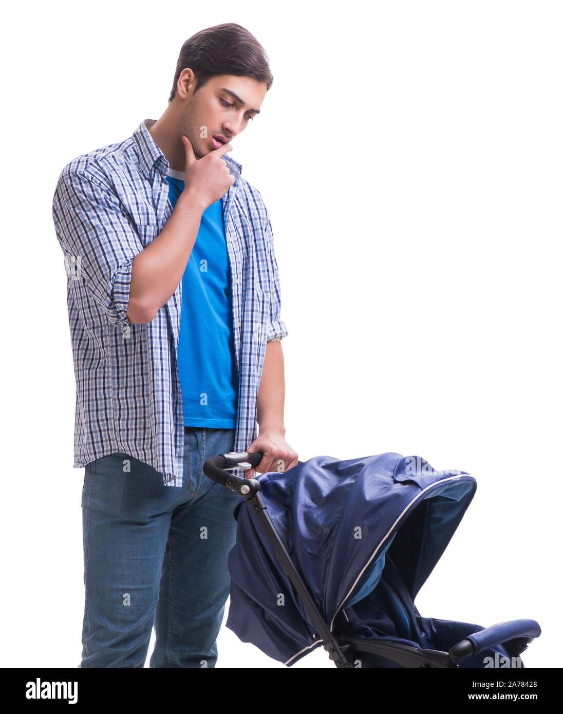 The young dad with child pram isolated on white Stock Photo - Alamy