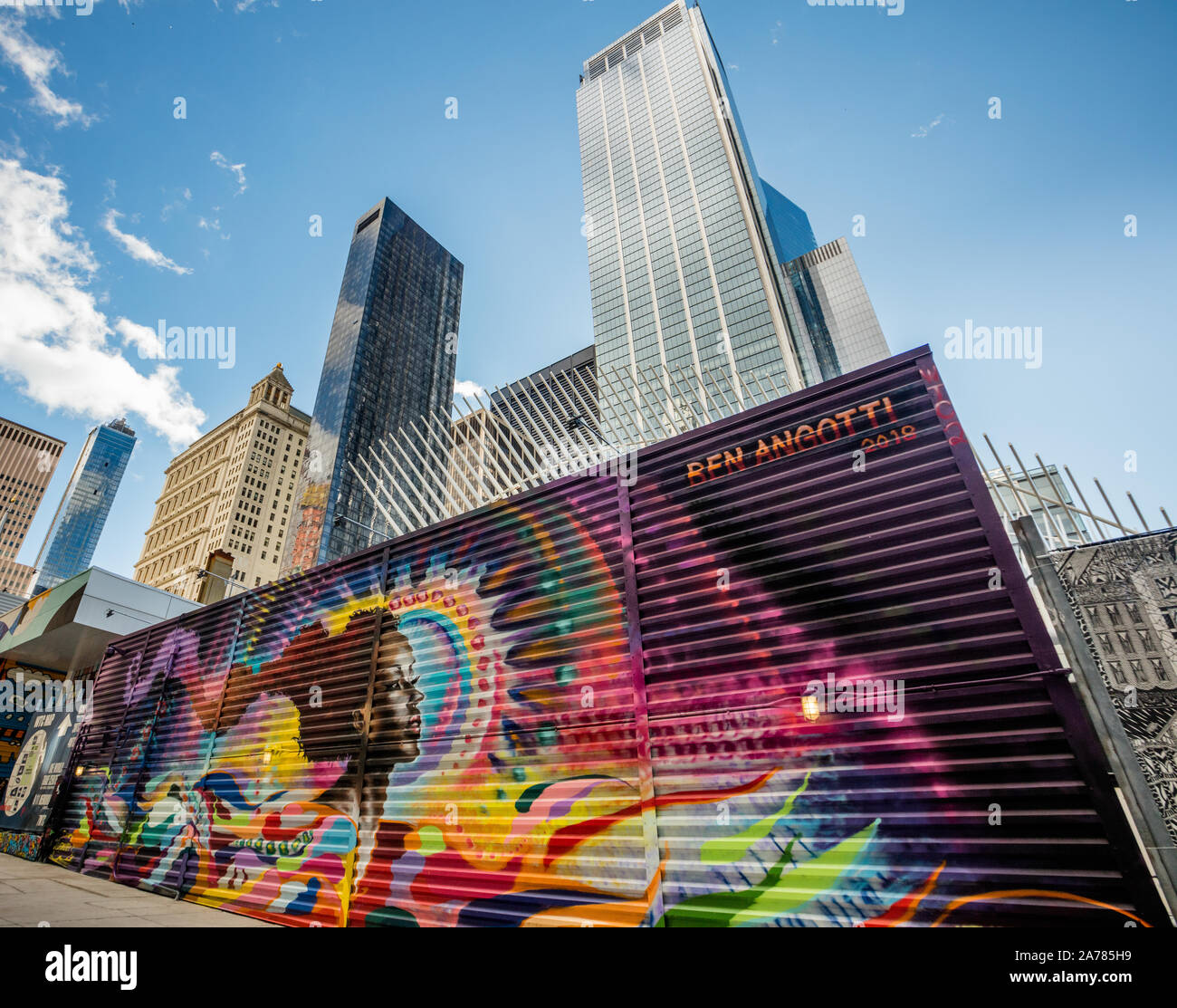 World Trade Center 3 rising behind urban art murals. New York City ...