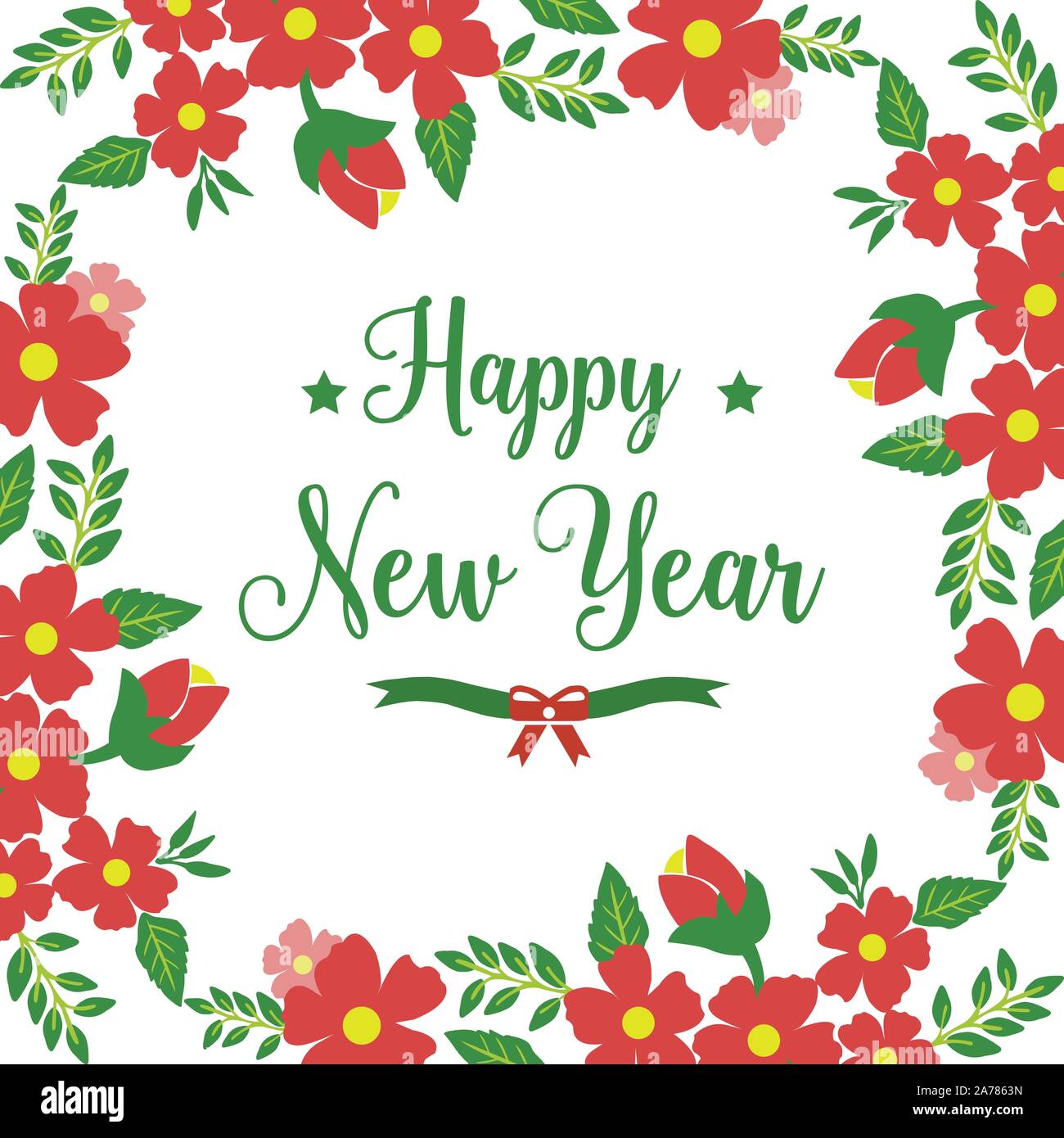 Card happy new year with bright red flower frame design. Vector Stock ...