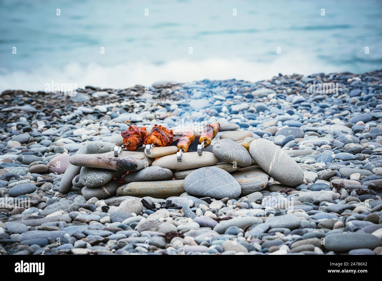 Cooking of the barbecue and sausages on the beach at evening time Stock ...