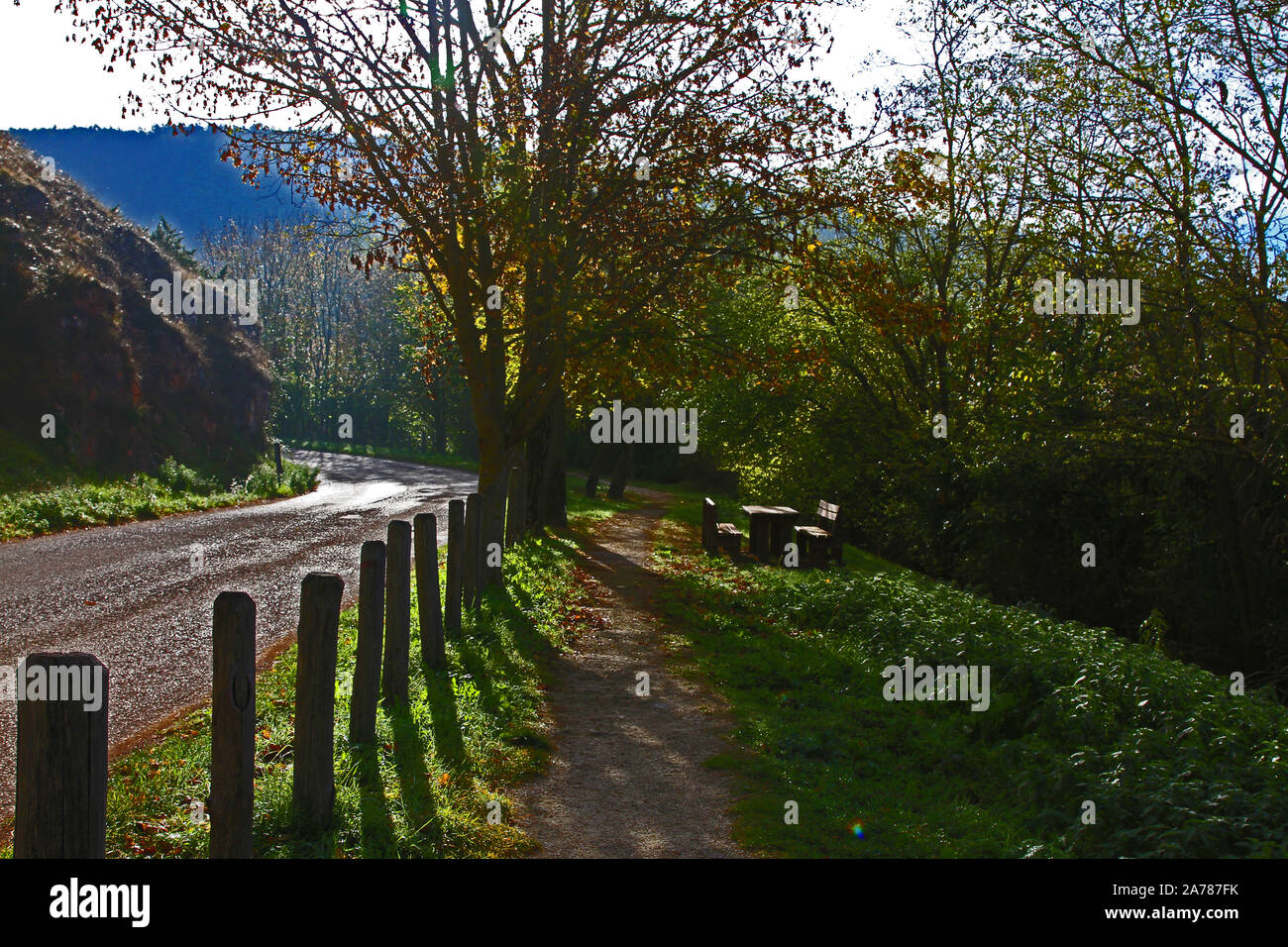 A deserted picnic spot in late October in Colfiorito nature reserve in ...