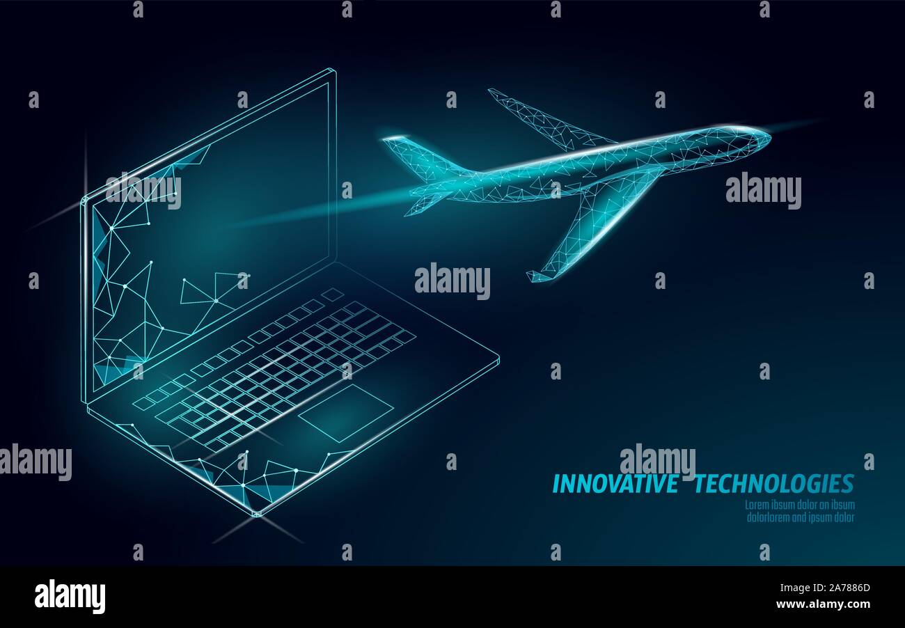 Airplane flying from laptop screen. Flight up tourism journey symbol ...