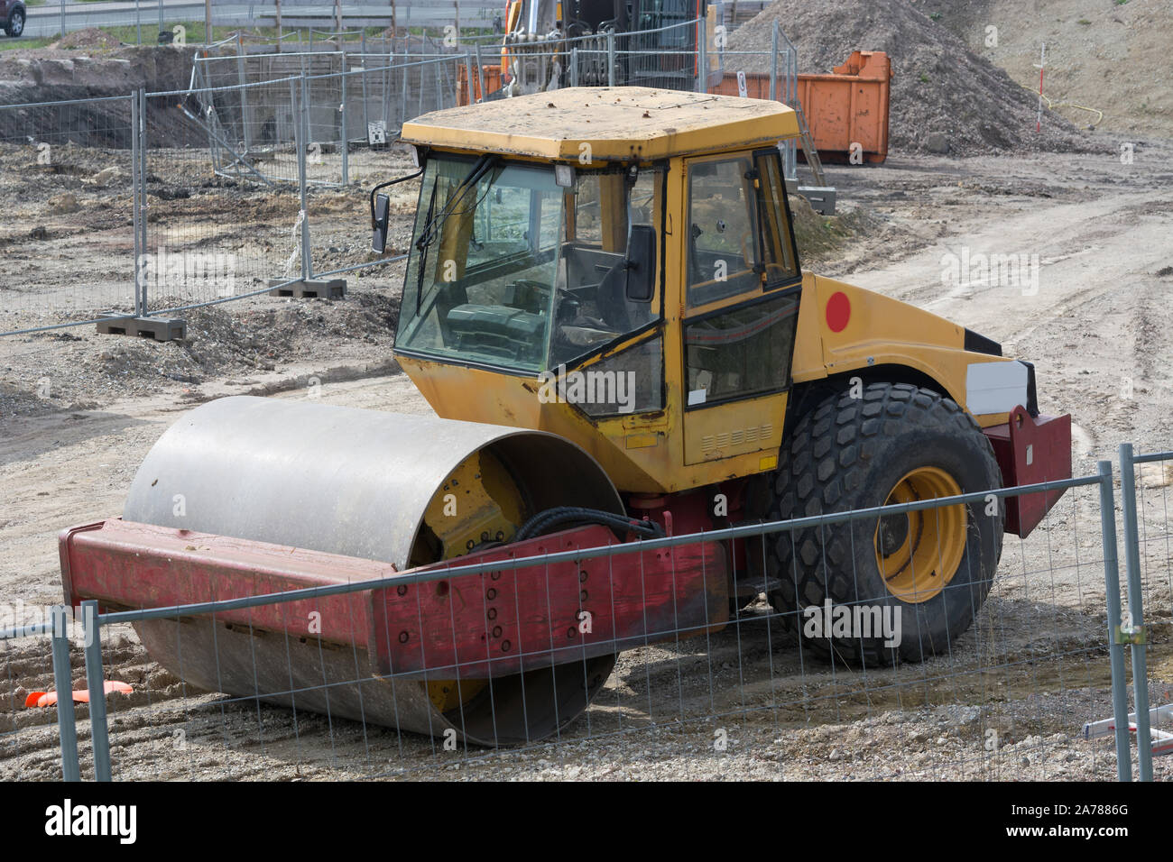 Steamroller, on a construction site during leveling work on a road ...