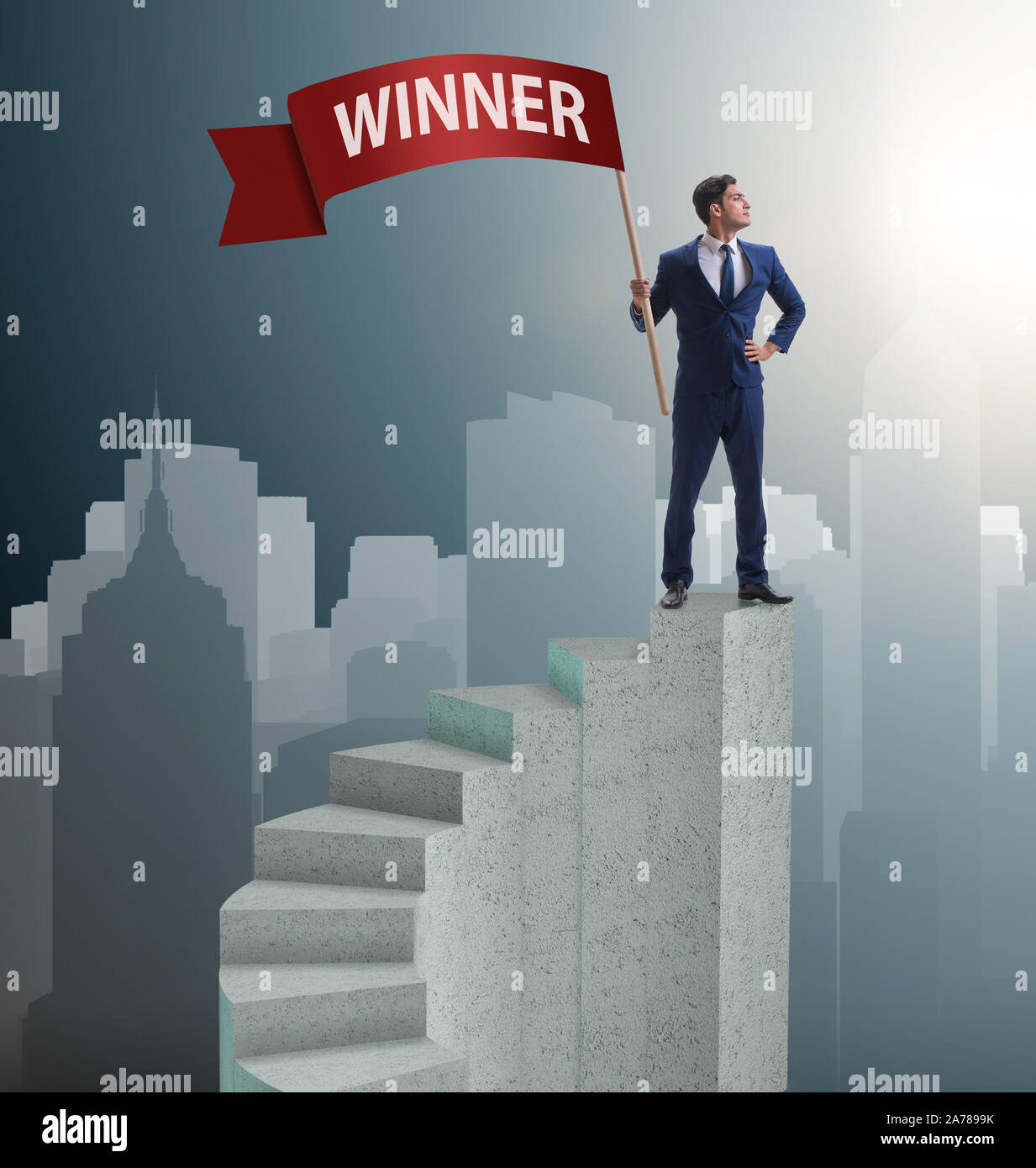The businessman winner on top of staircase Stock Photo - Alamy