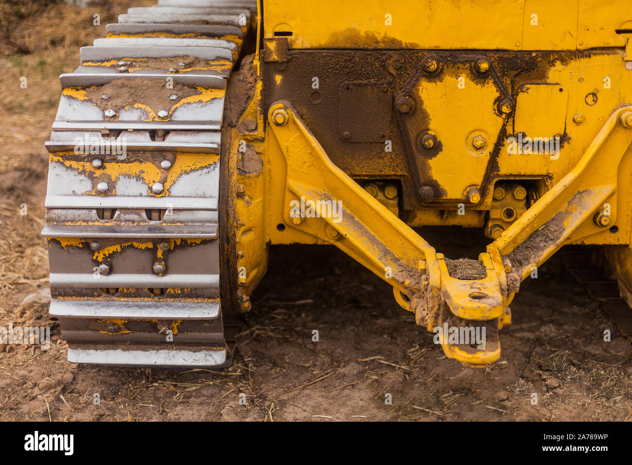 Close-up of crawler bulldozer truck. Earthmoving heavy machinery ...
