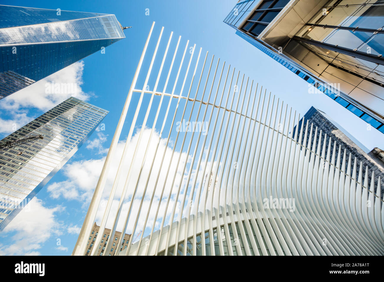 Skyward view at the World Trade Center complex, including 3 WTC towers ...