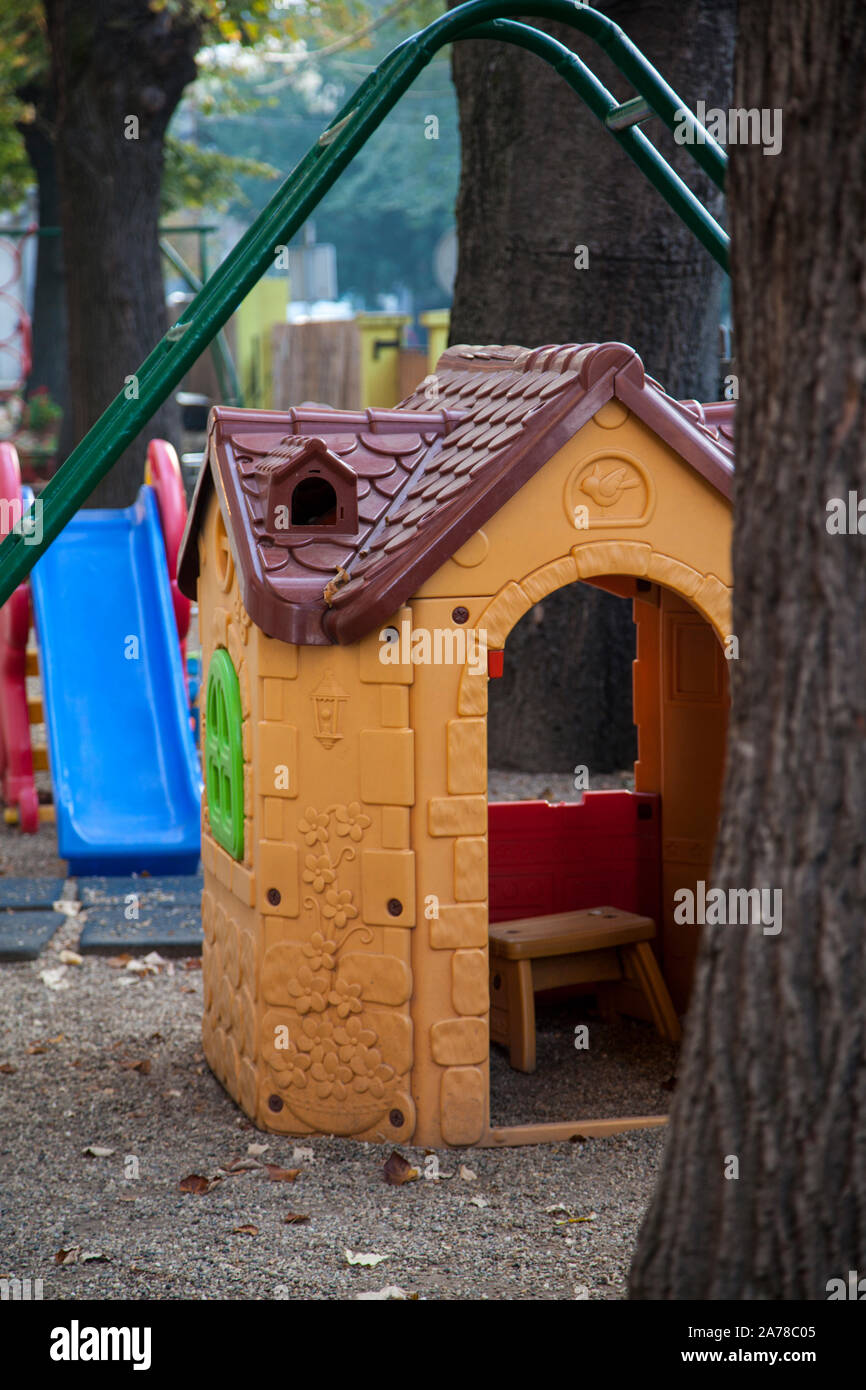 Children`s playground, small slide and house,kindergarten Stock Photo ...