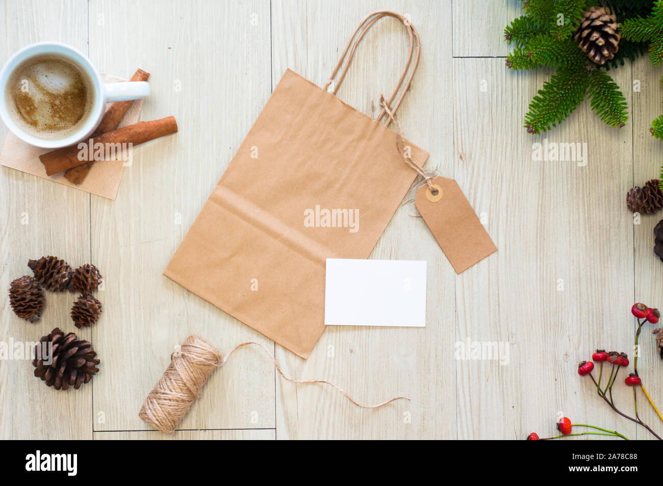 paper bag, label and business card mockup Stock Photo - Alamy