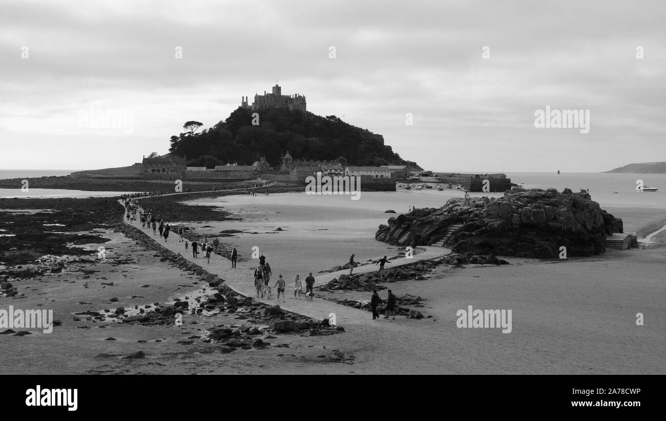 Mounts Bay at low tide with Chapel Rock on right and St Michael's Bay ...