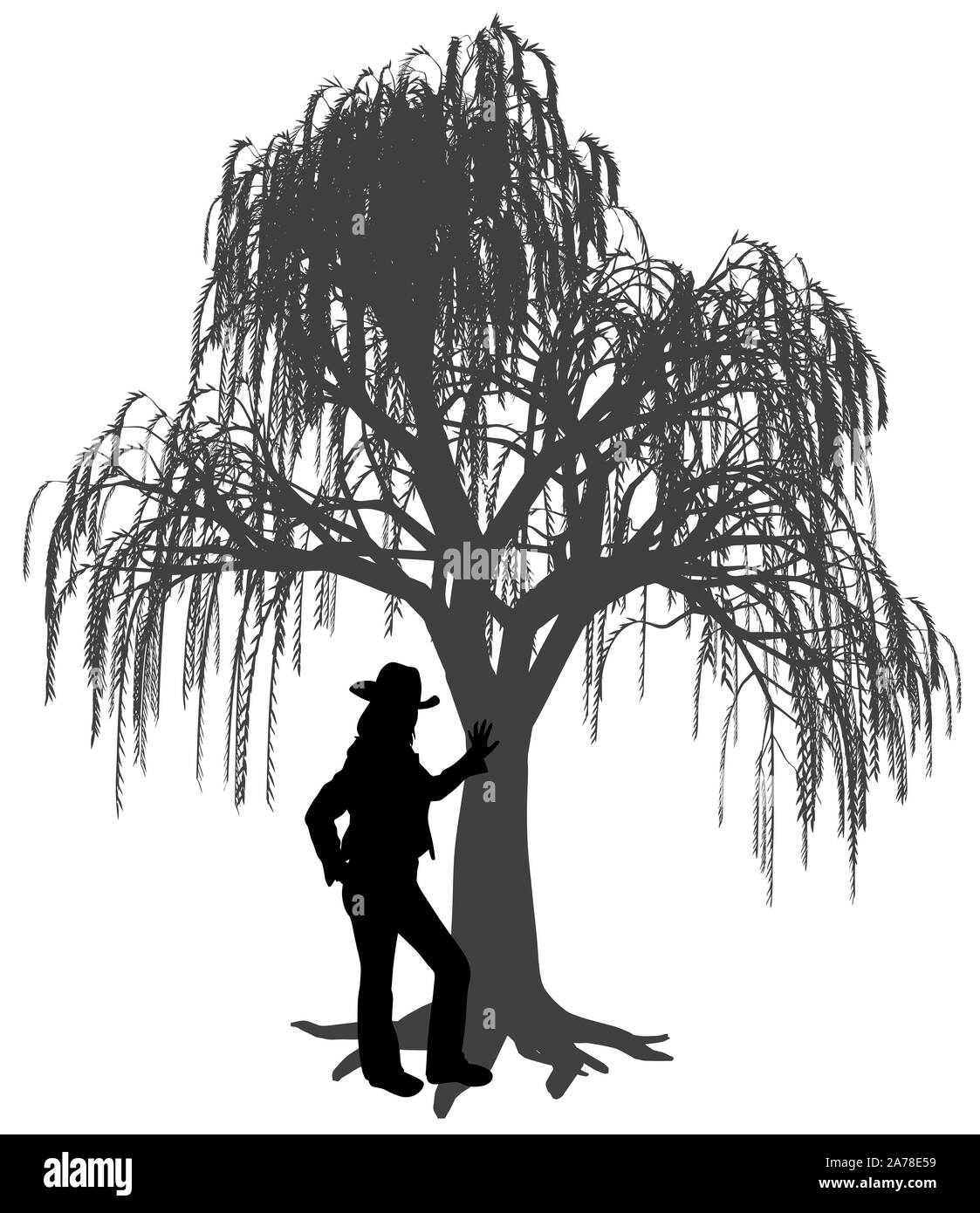 Young woman with hat leaning against a weeping willow tree. Woman ...