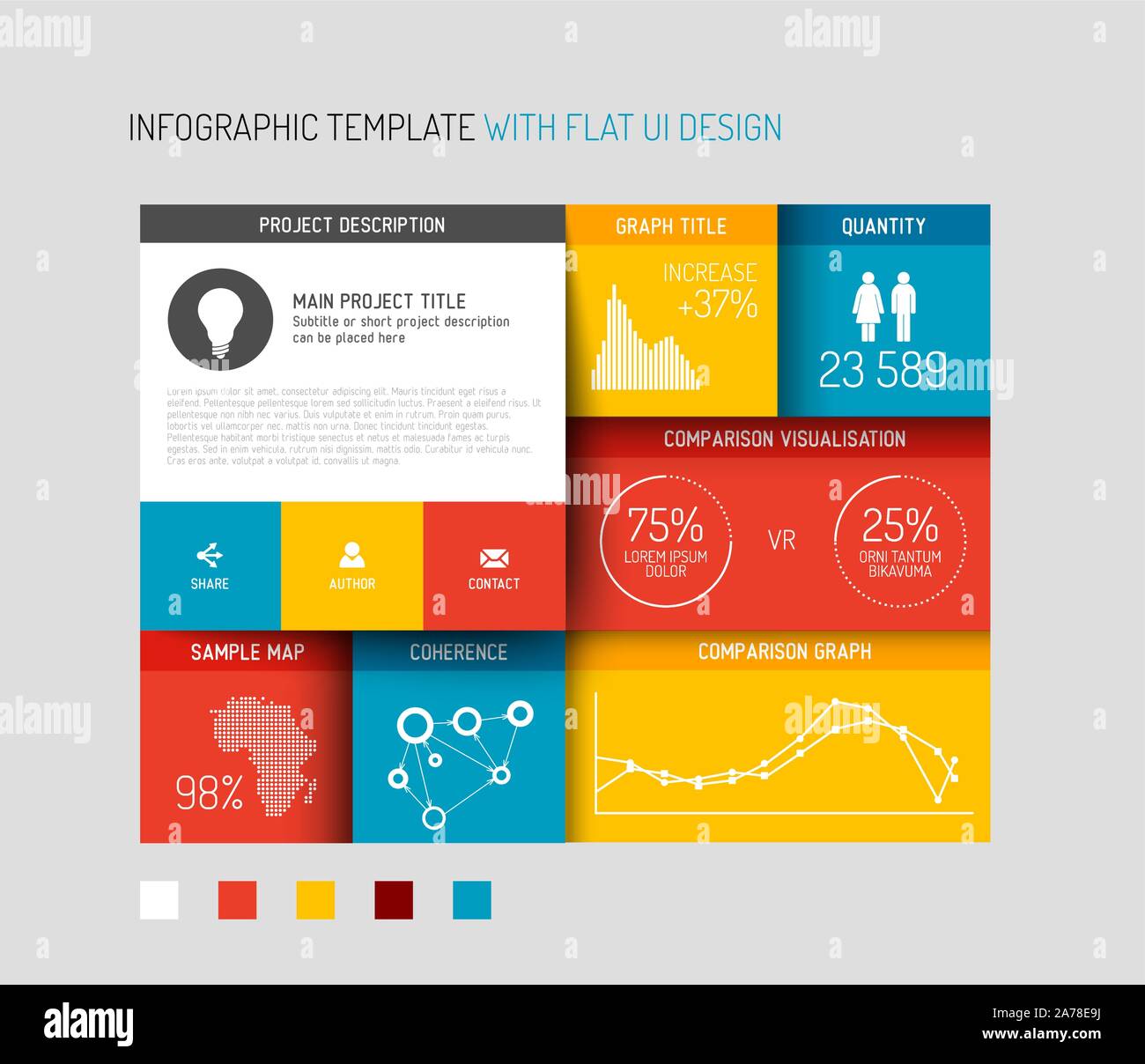 Vector flat user interface (UI) infographic template / design - blue, red and yellow version ...