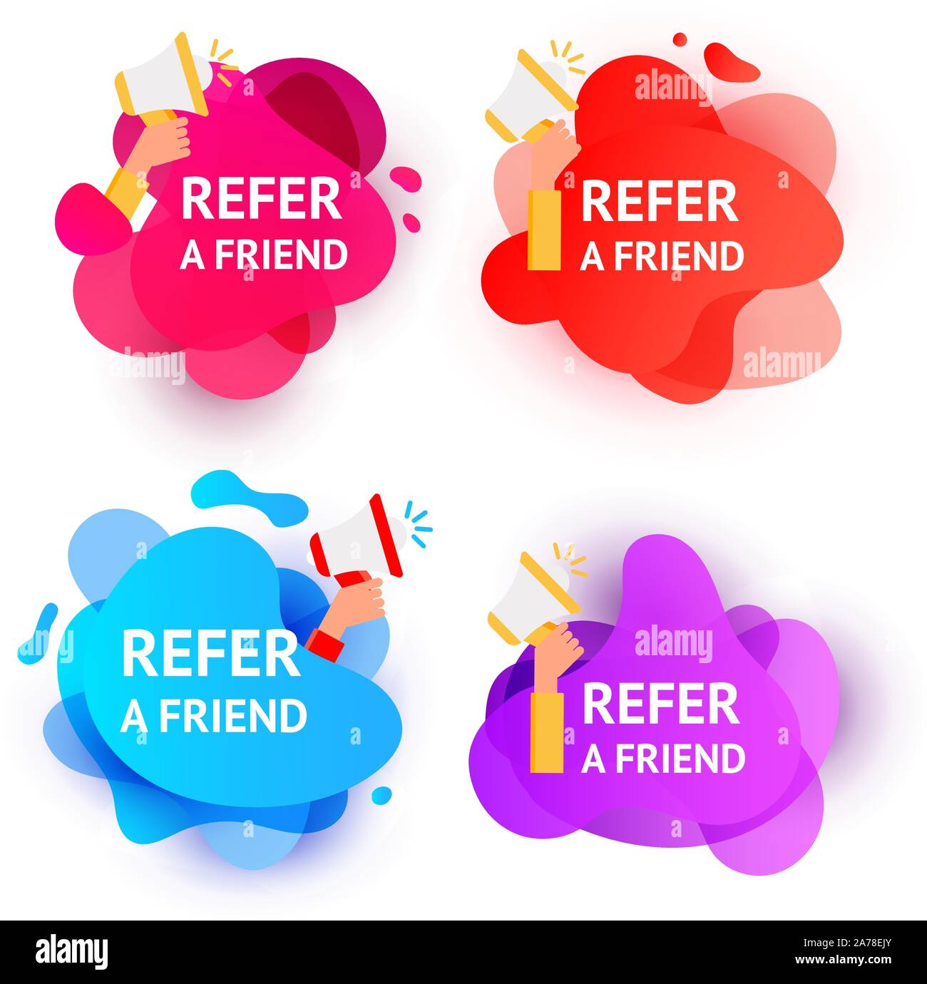gradient color wave liquid shape bubbles with Refer a Friend message. Referral program inviting ...