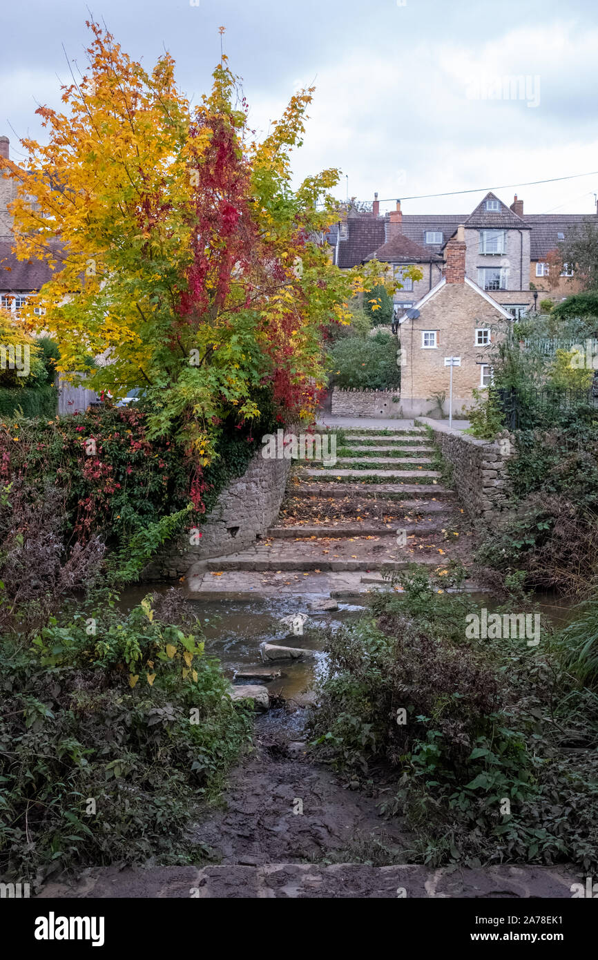 Ancient stepping stones across the River Brue near Packhorse Bridge in ...
