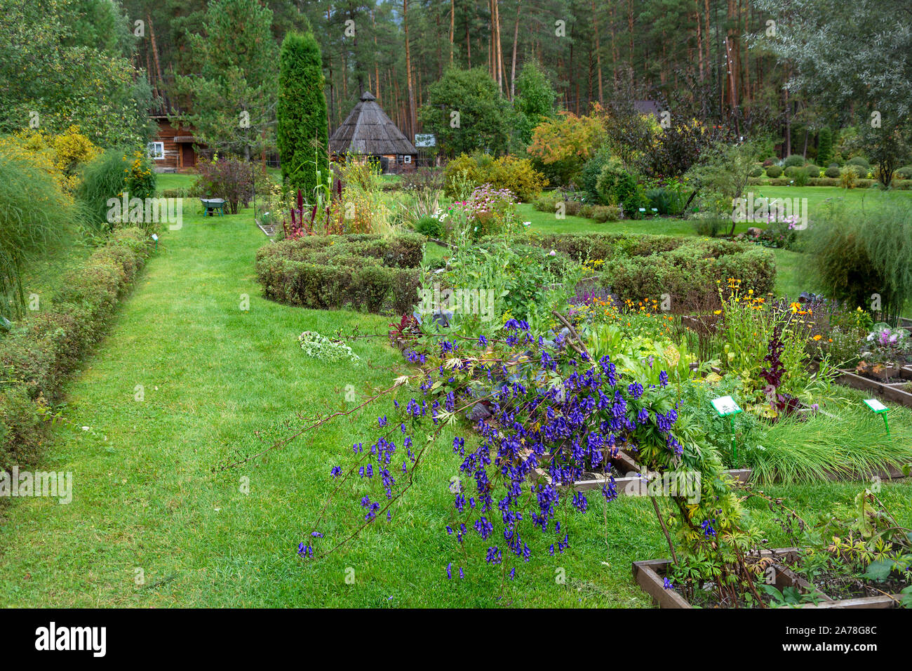 Well-groomed and equipped part of the Botanical garden, in early autumn ...