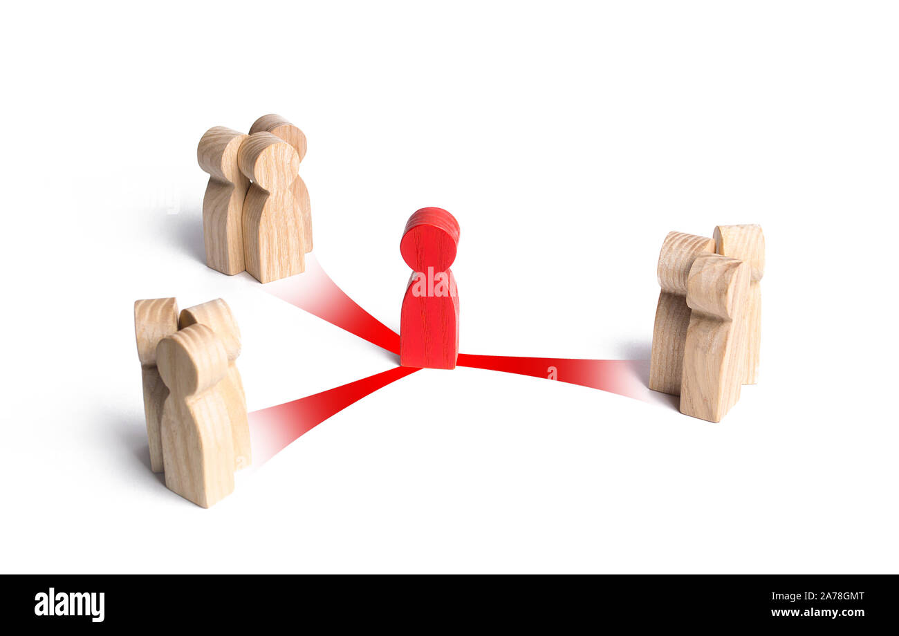 Red figurine mediator between three groups of people. Business deal ...