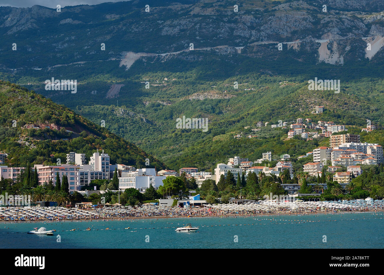Montenegro, Becici, View from the sea to the resort Balkan city of ...