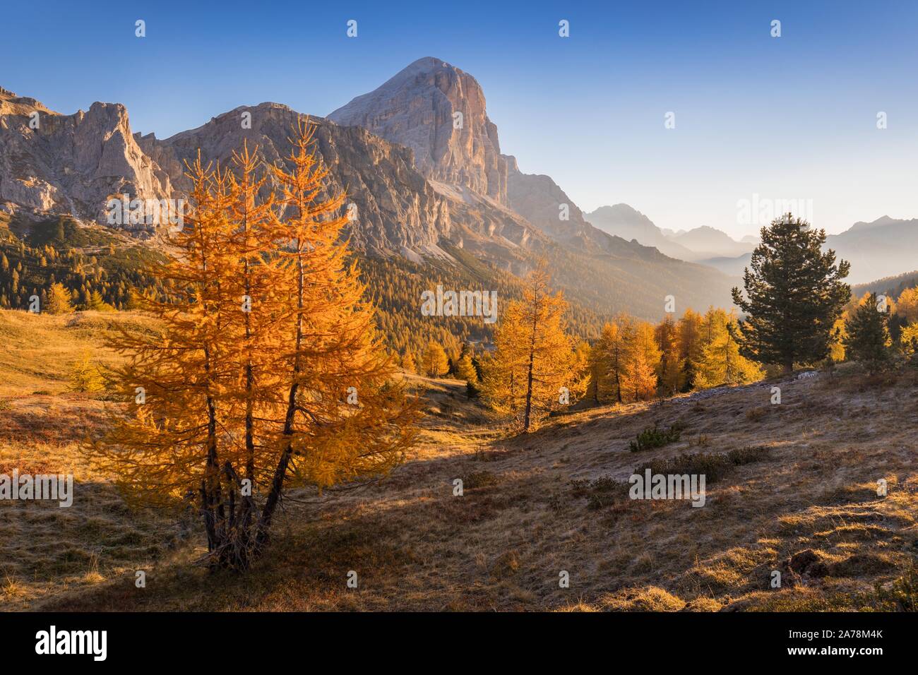Amazing view of famous Dolomite peaks glowing in beautiful golden ...