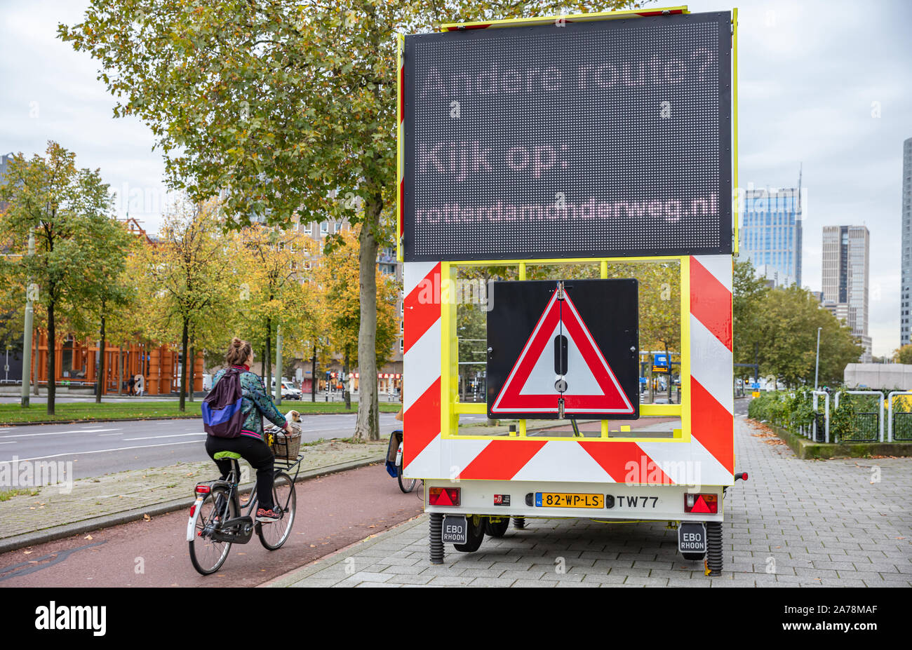 Rotterdam, Netherlands. October 14, 2019. Roadworks warning signage ...