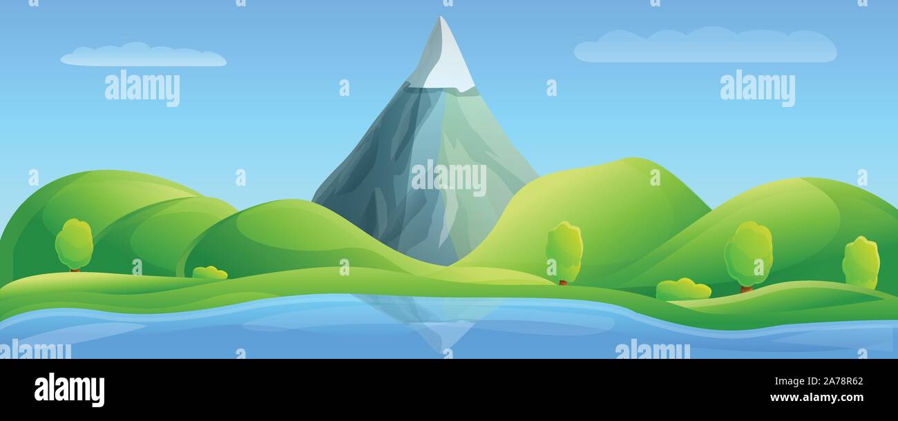 Landscape mountain lake concept banner. Cartoon illustration of ...
