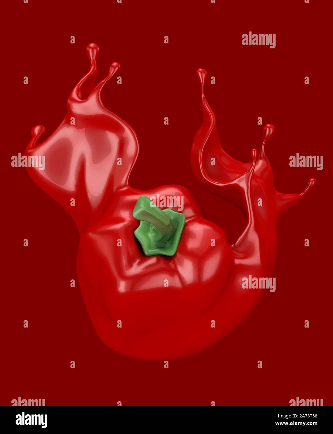 Red background with paprika and splash ketchup, sauce, juice. 3d rendering, 3d illustration ...