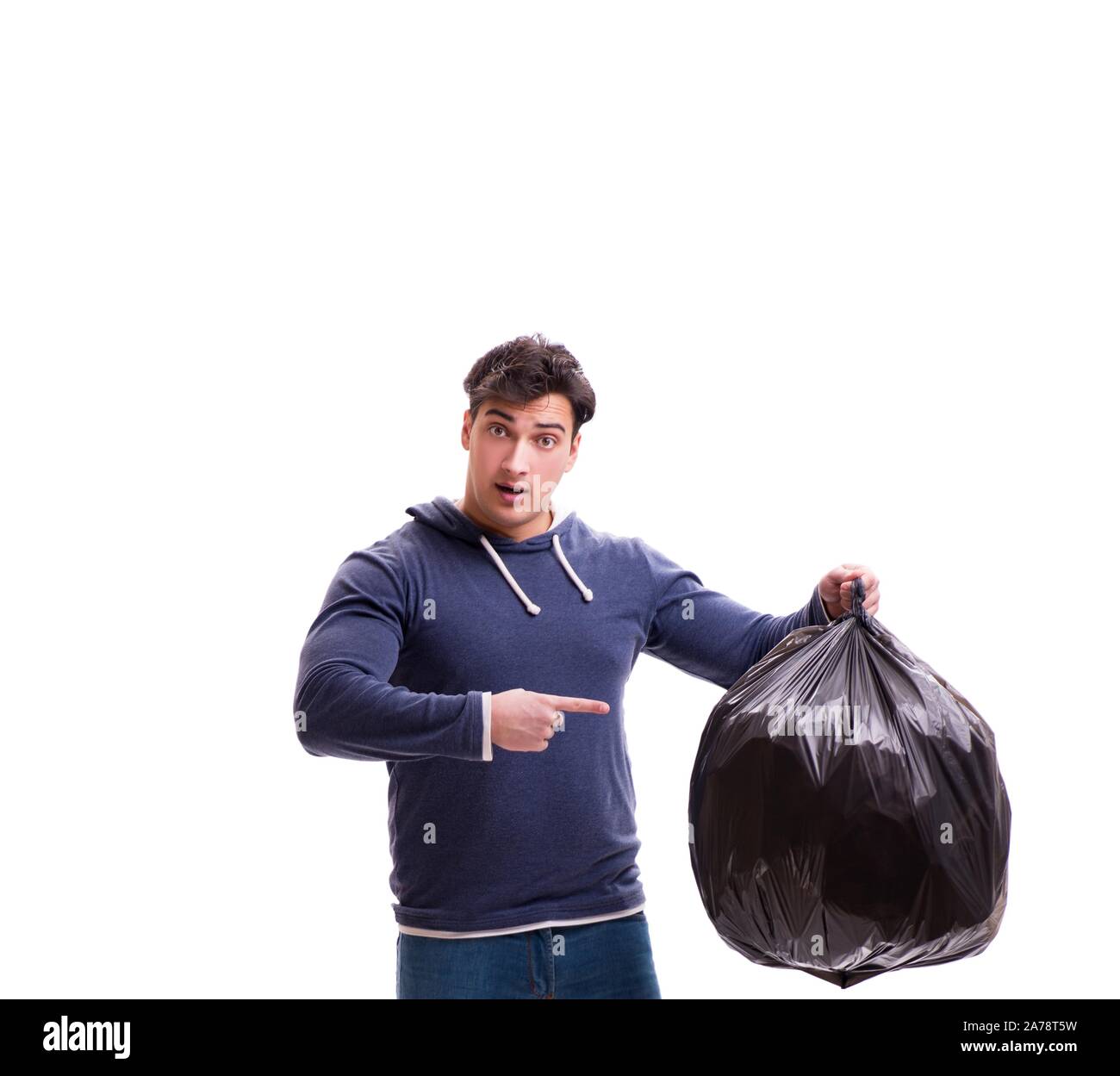 The man with garbage sack isolated on white Stock Photo - Alamy