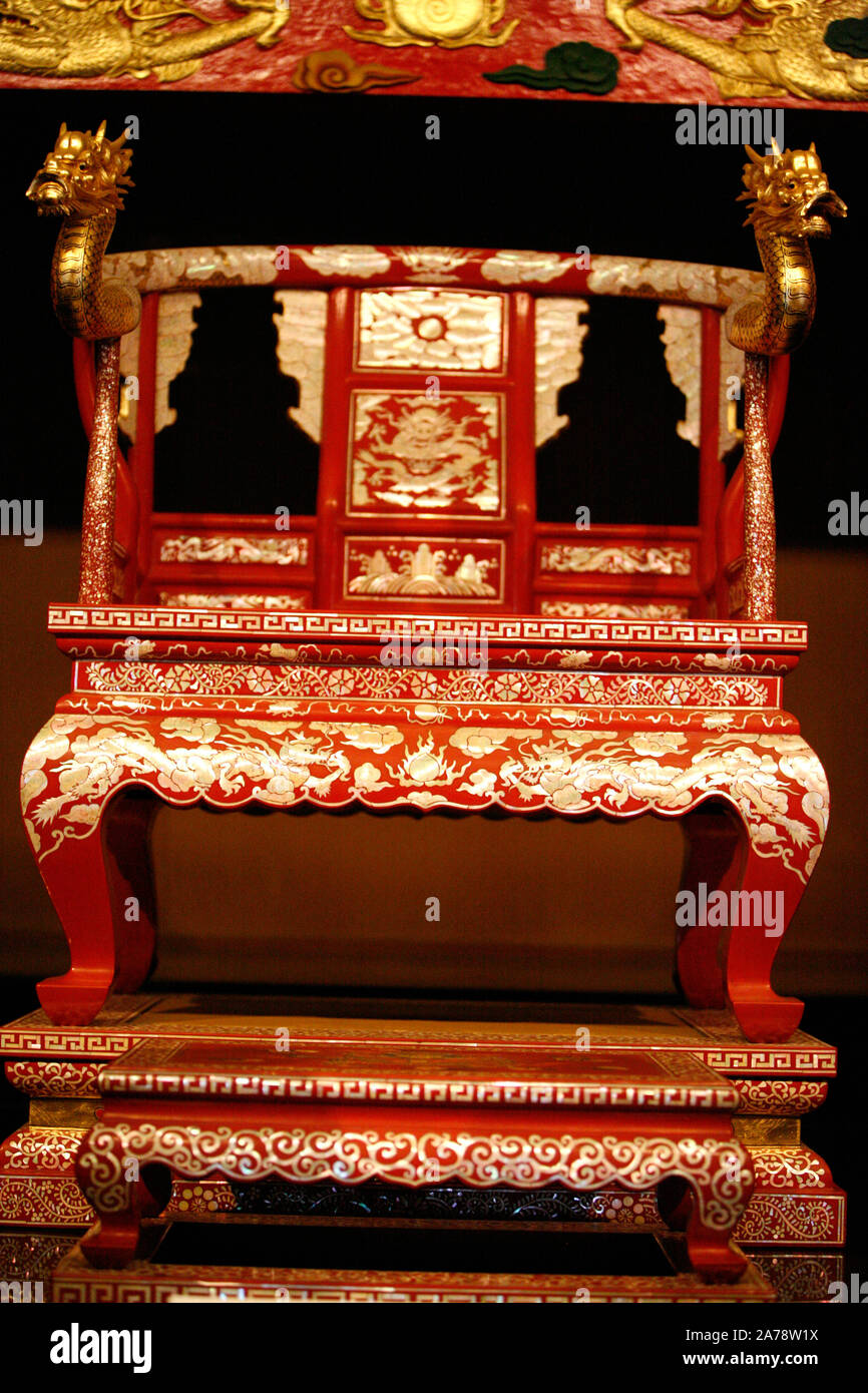 Ornate throne in Shurijo on Okinawa, a 14th-century palace of the ...