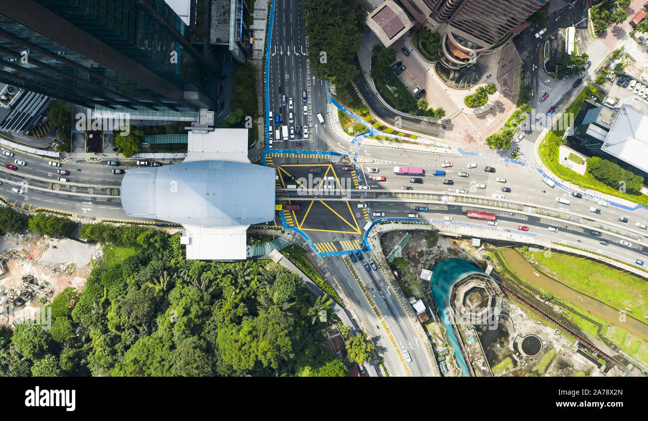 View from above, stunning aerial view of a traffic jam in a road ...